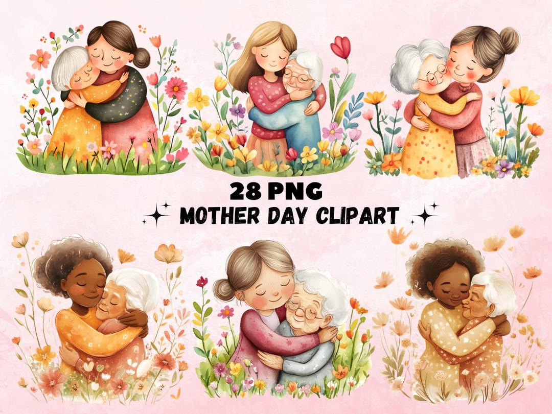 Clipart del Día de la Madre, Clipart de Mamá en Acuarela, Madre e Hija ...