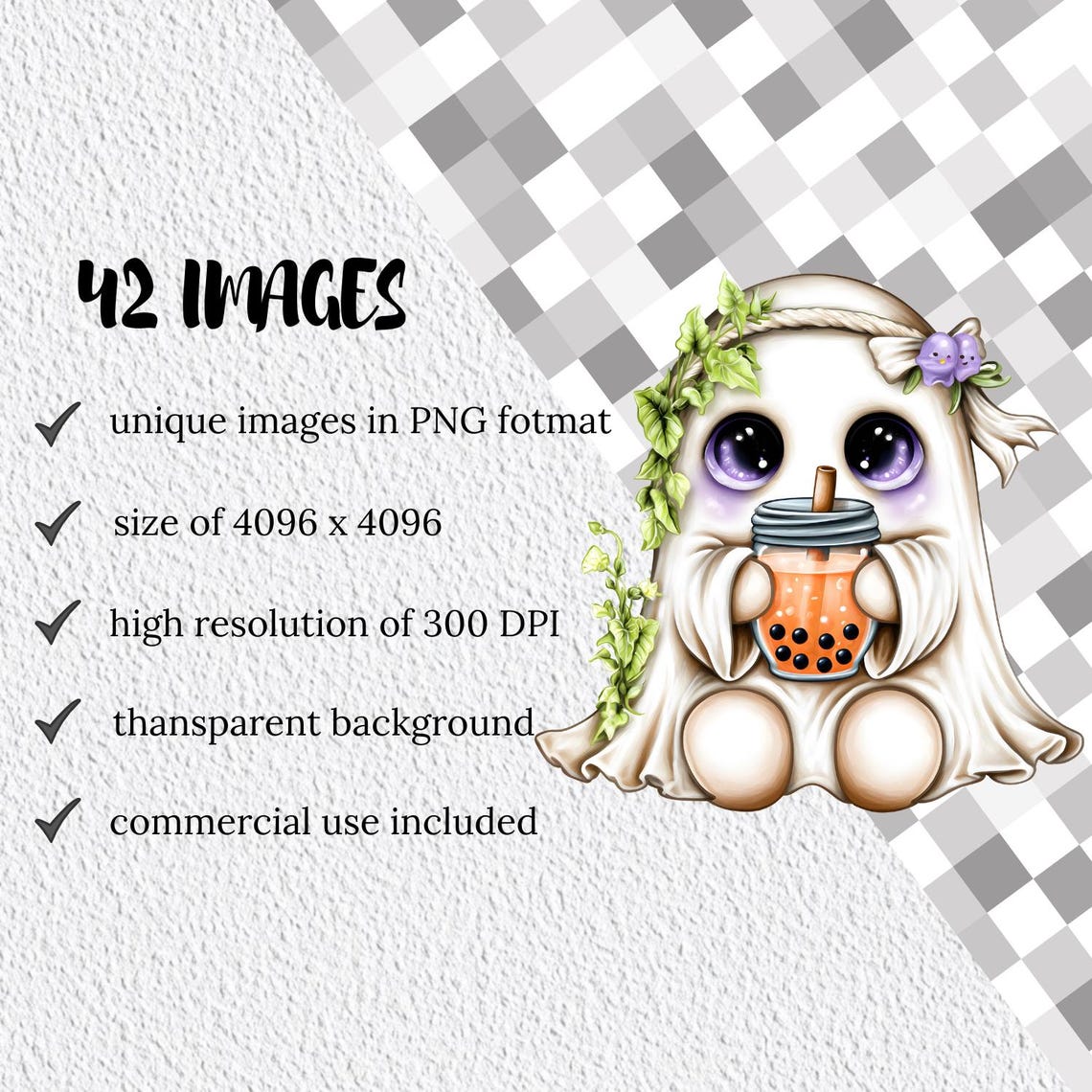 Kawaii Ghost With Cocktail Clipart Bundle, Friendly Ghost PNG, Spookie ...