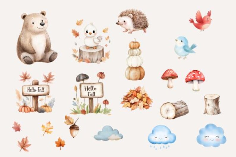Watercolor Autumn Animal PNG, Cute Fall Woodland Clipart, Fall Forest ...