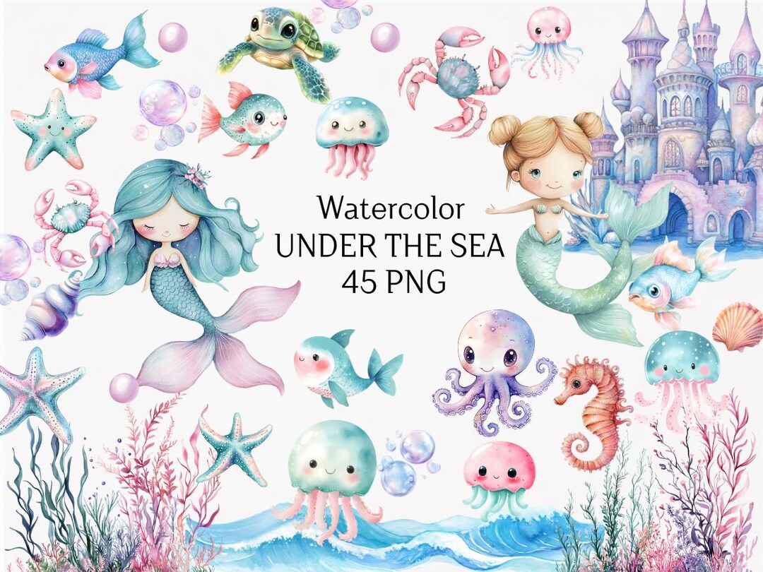 Сute Sealife Clipart, Under the Sea PNG Clipart Bundle, Watercolor Sea ...