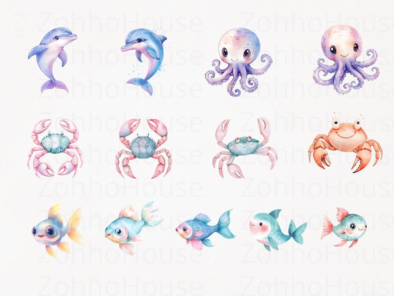 Сute Sealife Clipart, Under the Sea PNG Clipart Bundle, Watercolor Sea ...