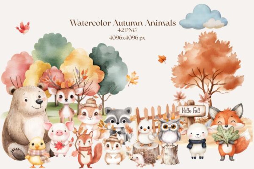 Watercolor Autumn Animal PNG, Cute Fall Woodland Clipart, Fall Forest ...