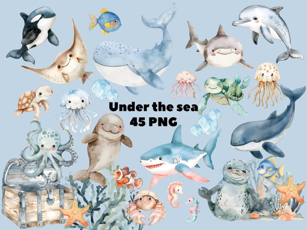 Cute Sea Life Watercolor Clipart Bundle, Under the Sea Animals ...