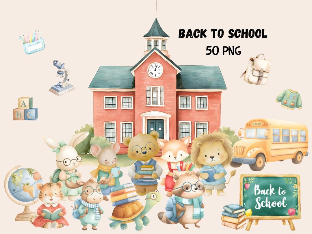 Back to School Clipart Bundle, Cute School Animals, Kawaii School Png ...