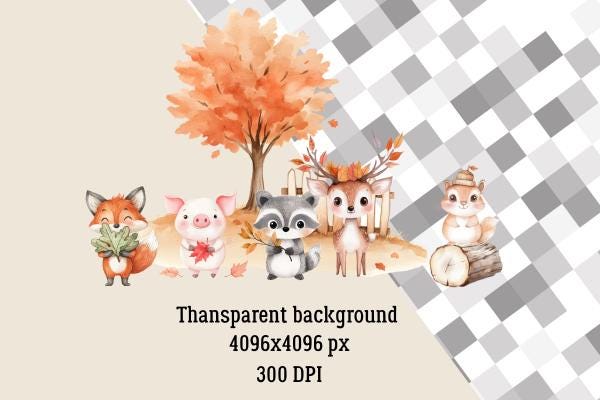 Watercolor Autumn Animal PNG, Cute Fall Woodland Clipart, Fall Forest ...