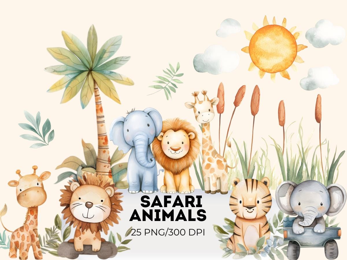 Cute Safari Animals Clipart PNG, Watercolor Jungle Bundle, Jungle ...