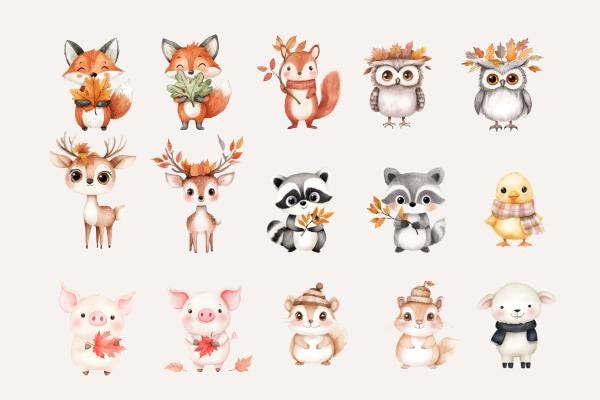 Watercolor Autumn Animal PNG, Cute Fall Woodland Clipart, Fall Forest ...