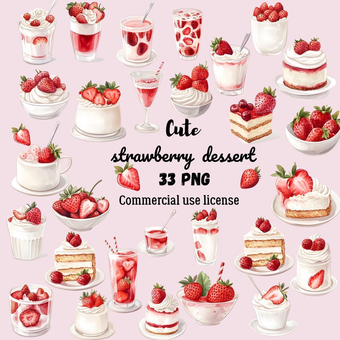 Strawberries Dessert Clipart 33 PNG, Cute Strawberry Cake Set ...