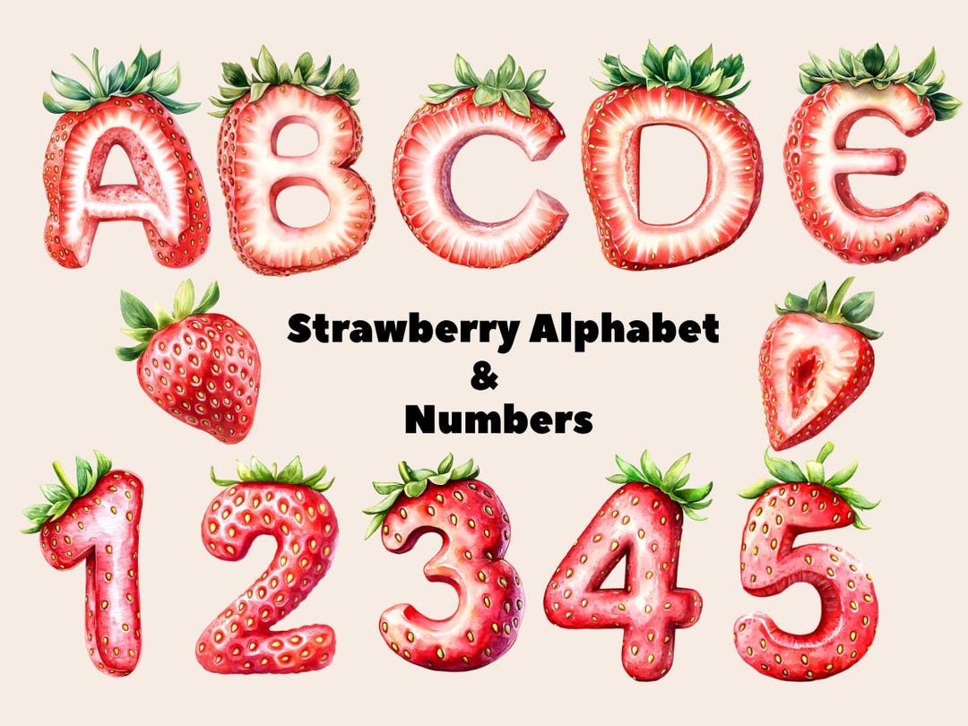 45 Strawberry Alphabet & Numbers Bundle, Cute Watercolor Summer ...