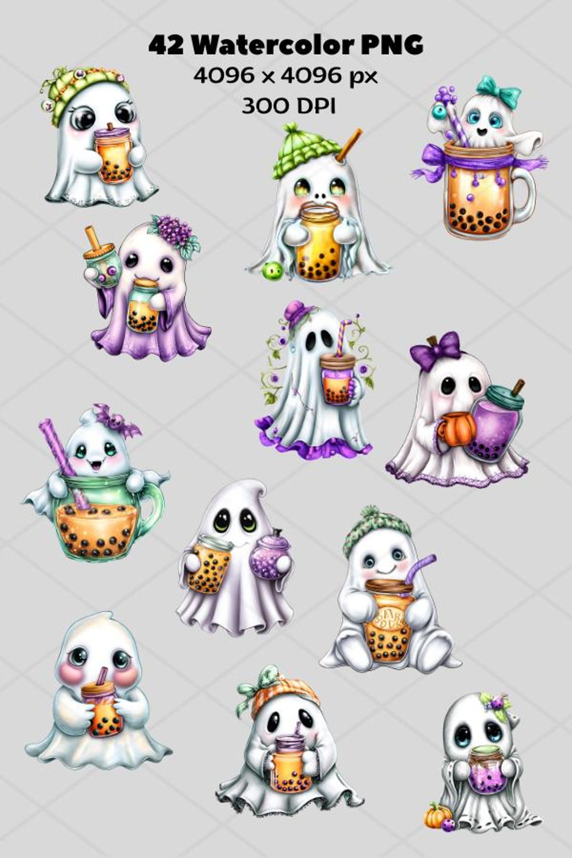 Kawaii Ghost With Cocktail Clipart Bundle, Friendly Ghost PNG, Spookie ...