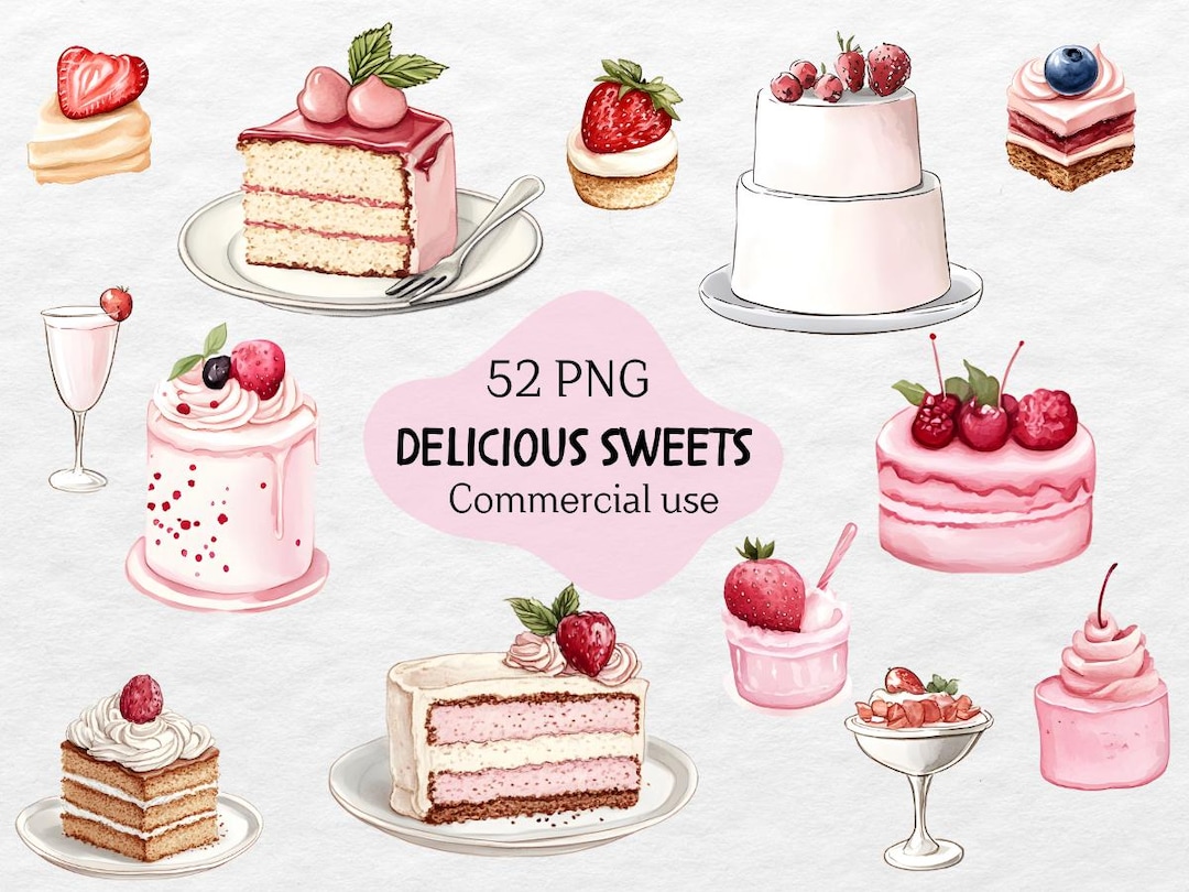 Sweets Clipart Sets, Watercolor Sweets PNG, Kawaii Dessert Art, Candy ...