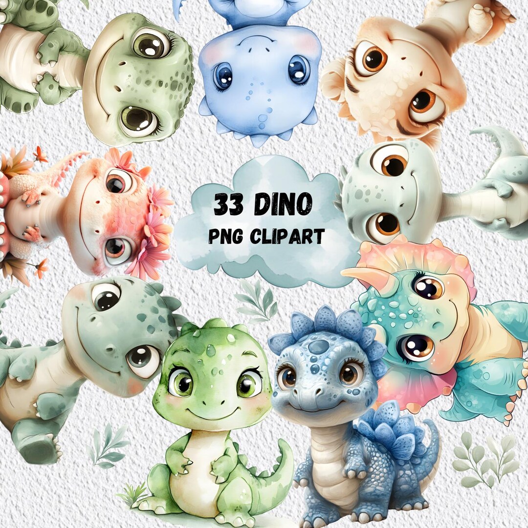 33 Baby Dinosaurs Clipart, Watercolor Dino Pngs, Cute Jurassic Clipart ...