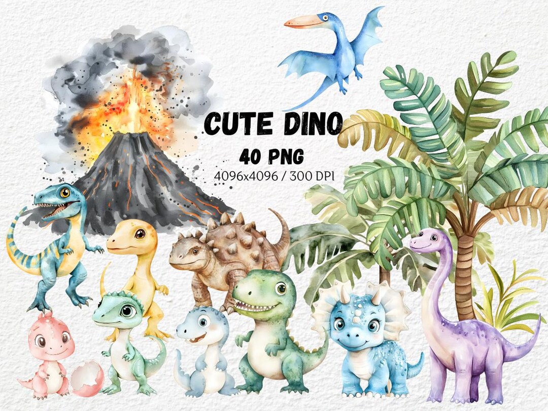 40 Watercolor Dino PNG, Cute Dino Clipart, Babie First Birthday, Dino ...