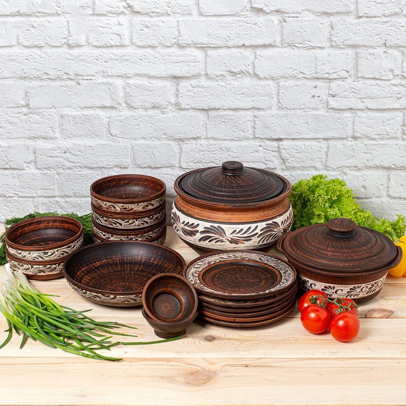 Large Handmade Clay Pottery Set – Rustic Ceramic Cookware & Dinnerware ...