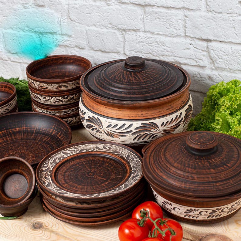 Large Handmade Clay Pottery Set – Rustic Ceramic Cookware & Dinnerware ...