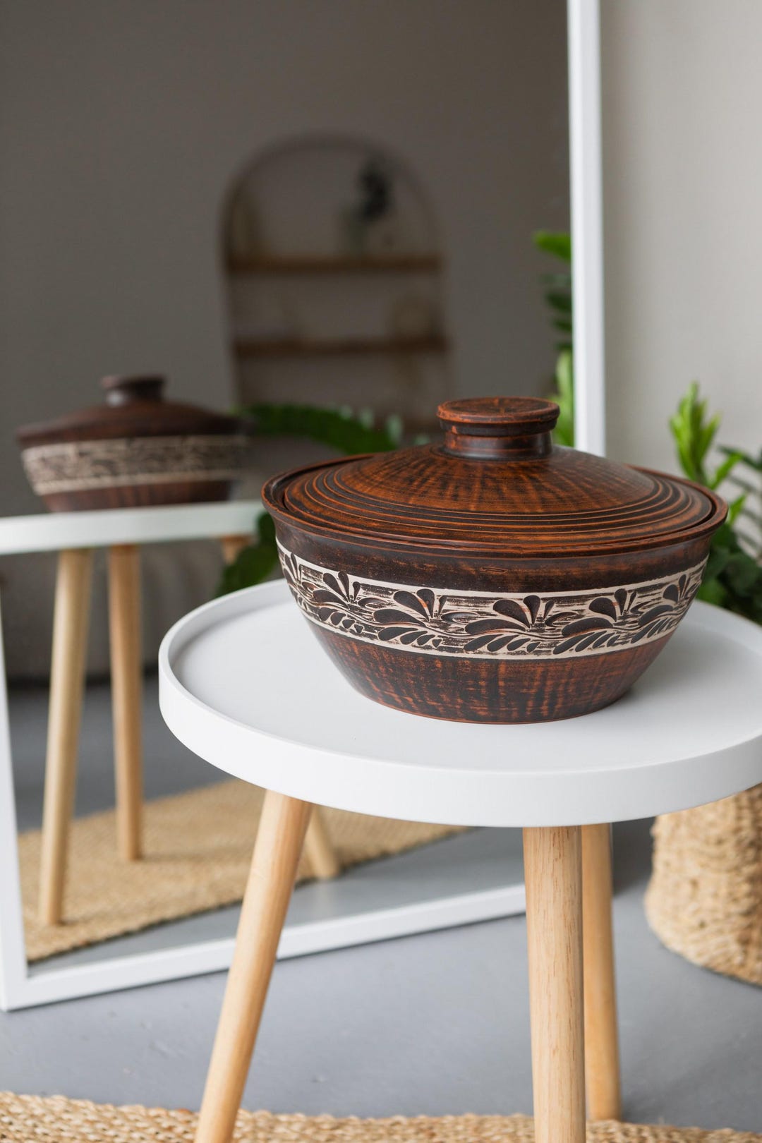Large Red Clay Bowl With Lid 3.3 L, Deep Ceramic Bowl, Kitchen Storage ...