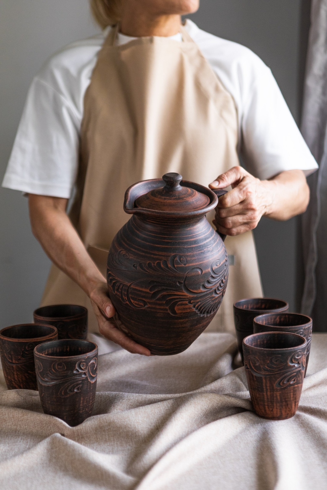 Pitcher Wine, Pitcher of Red Clay, Stoneware Engraved, Clay Pot, Clay ...