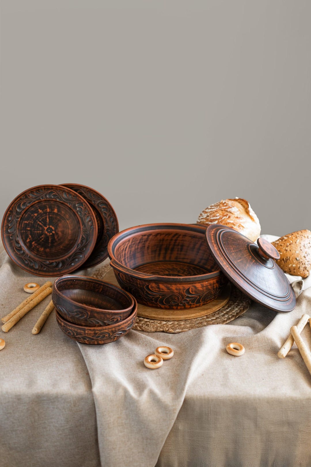 Small Rustic Clay Pottery Set, Handcrafted Terracotta Bowls & Plates ...