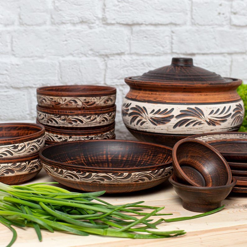Large Handmade Clay Pottery Set – Rustic Ceramic Cookware & Dinnerware ...