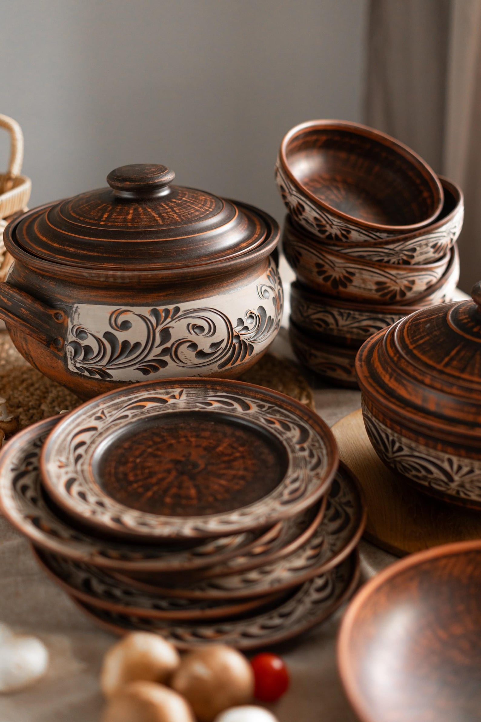 Large Handmade Clay Pottery Set – Rustic Ceramic Cookware & Dinnerware ...