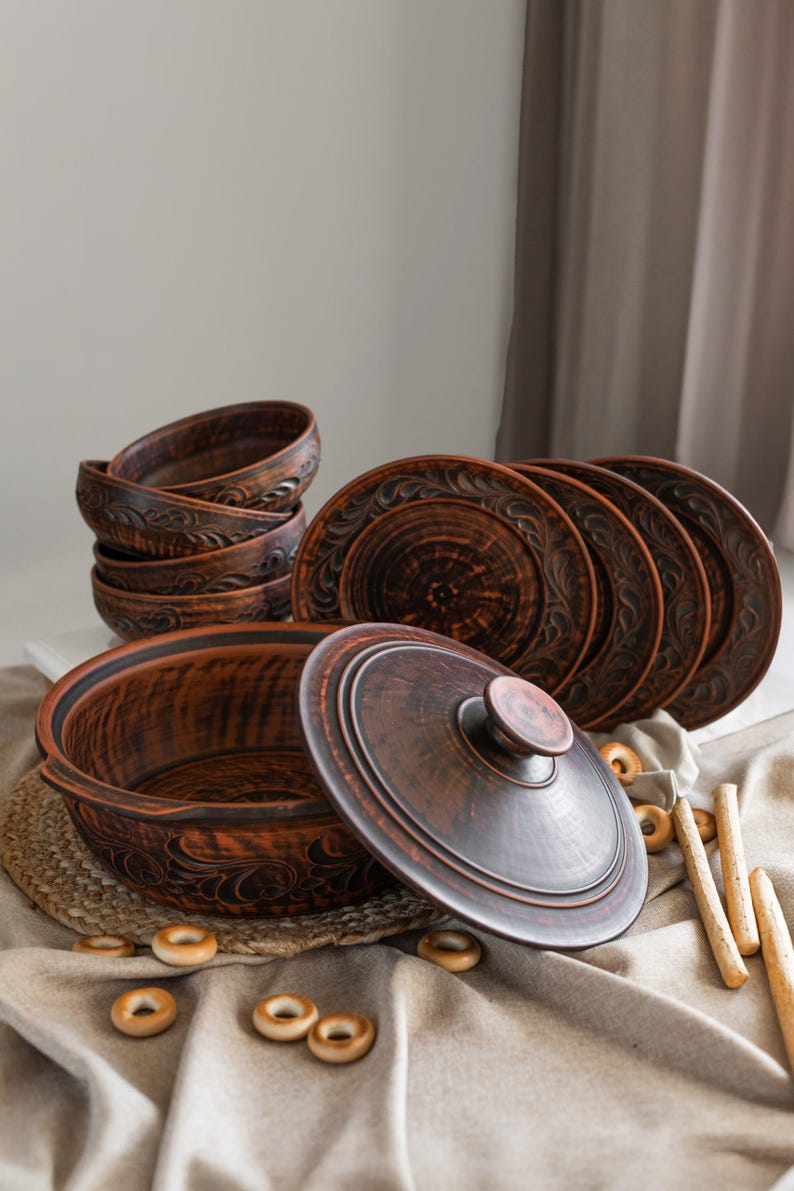 Handmade Red Clay Pottery Set for 4- Plates, Soup Bowls & Lidded Pan ...