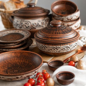 Large Handmade Clay Pottery Set – Rustic Ceramic Cookware & Dinnerware ...