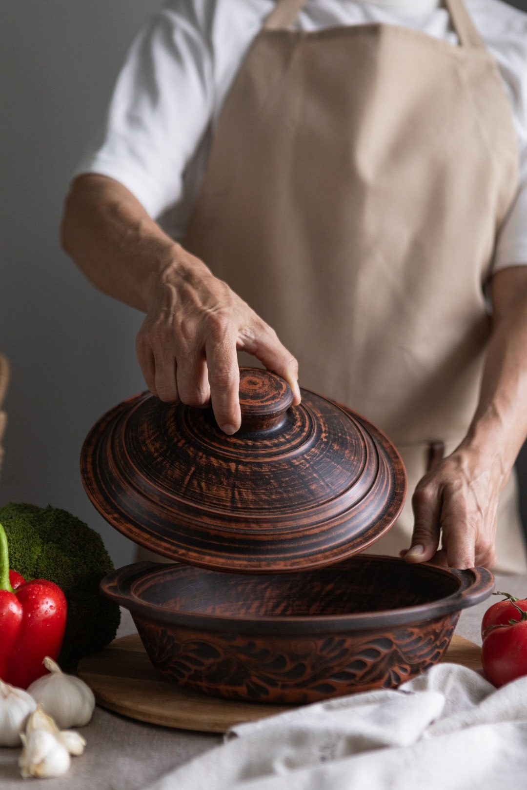 Frying Pan of Red Clay, Pan With Handles, Handmade Ceramic Pot, Earthen ...