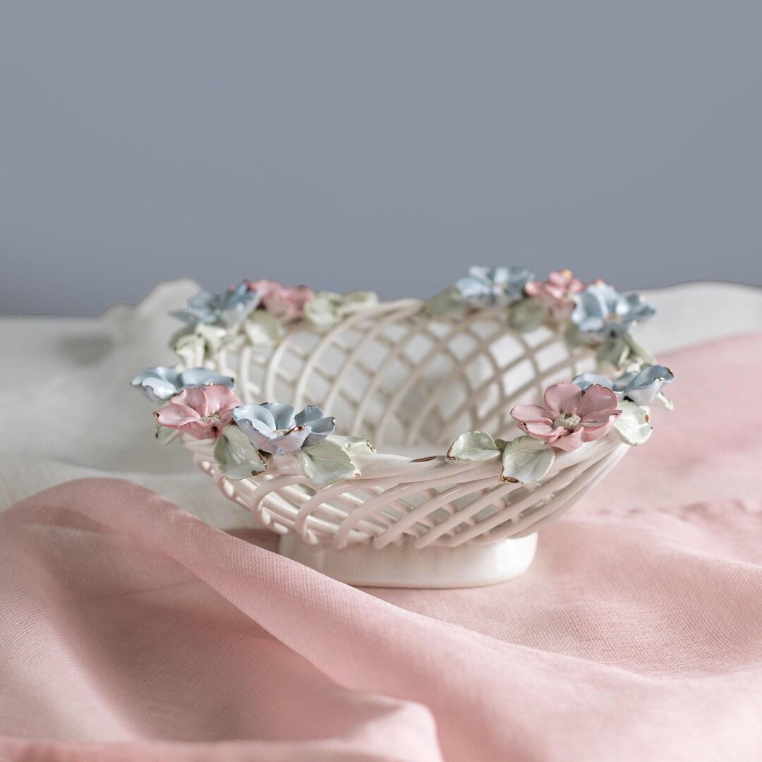 Woven Ceramic Basket With Flowers for Home Decor or Storage, Woven ...