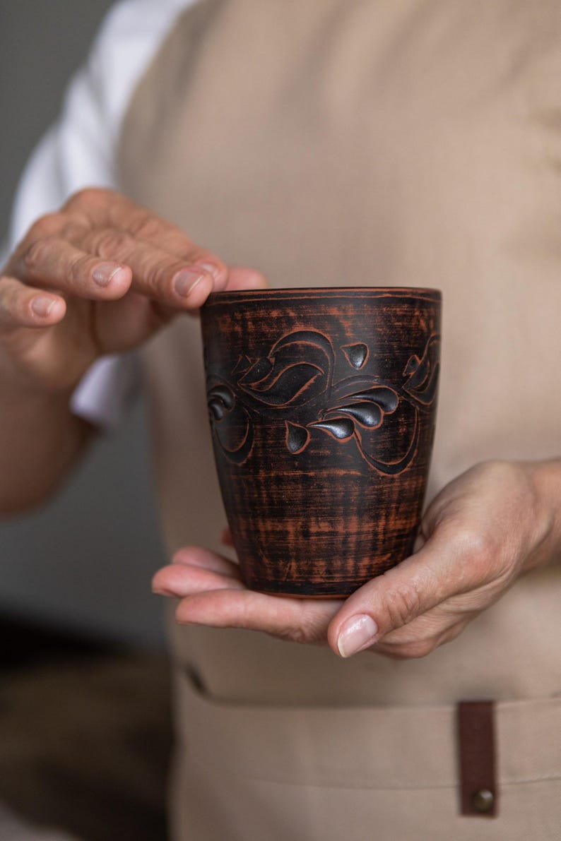 Handmade Carved Ceramic Cup, Red Clay Mug 350 Ml, Rustic Pottery Coffee ...