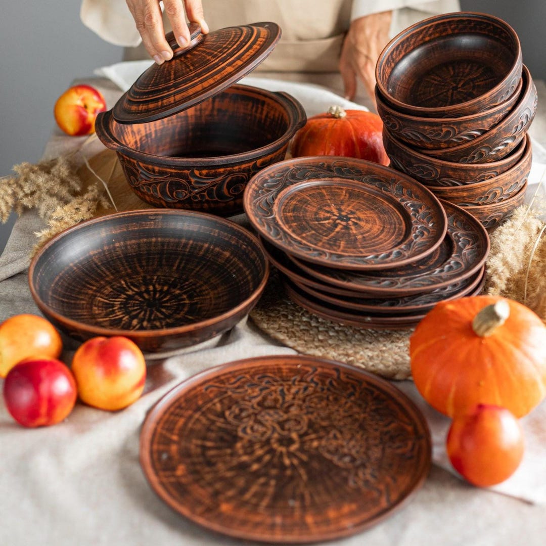 Rustic Clay Dinnerware Set – Handmade Plates, Bowls & Lidded Pot ...