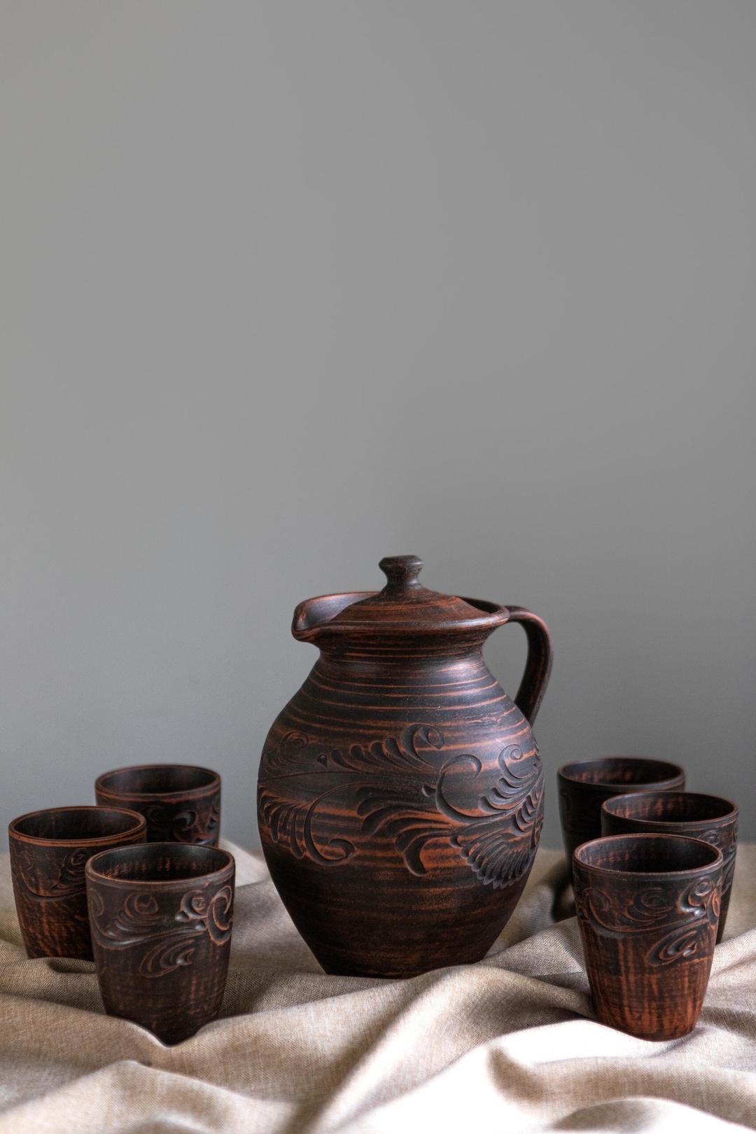 Pitcher Wine, Pitcher of Red Clay, Stoneware Engraved, Clay Pot, Clay ...