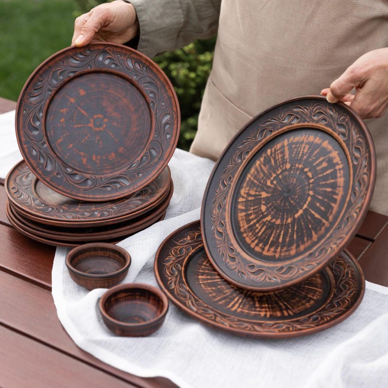 Large Handmade Red Clay Dinnerware Set, Rustic Plates & Bowls, Artisan ...