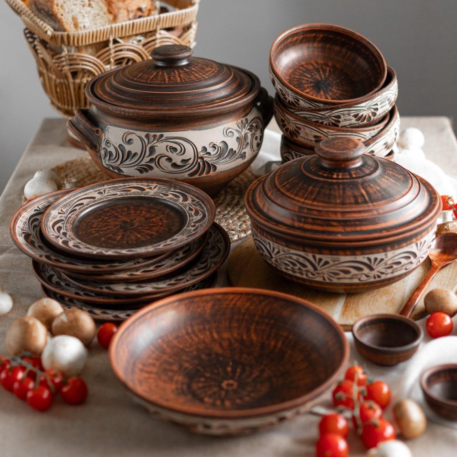 Large Handmade Clay Pottery Set – Rustic Ceramic Cookware & Dinnerware ...