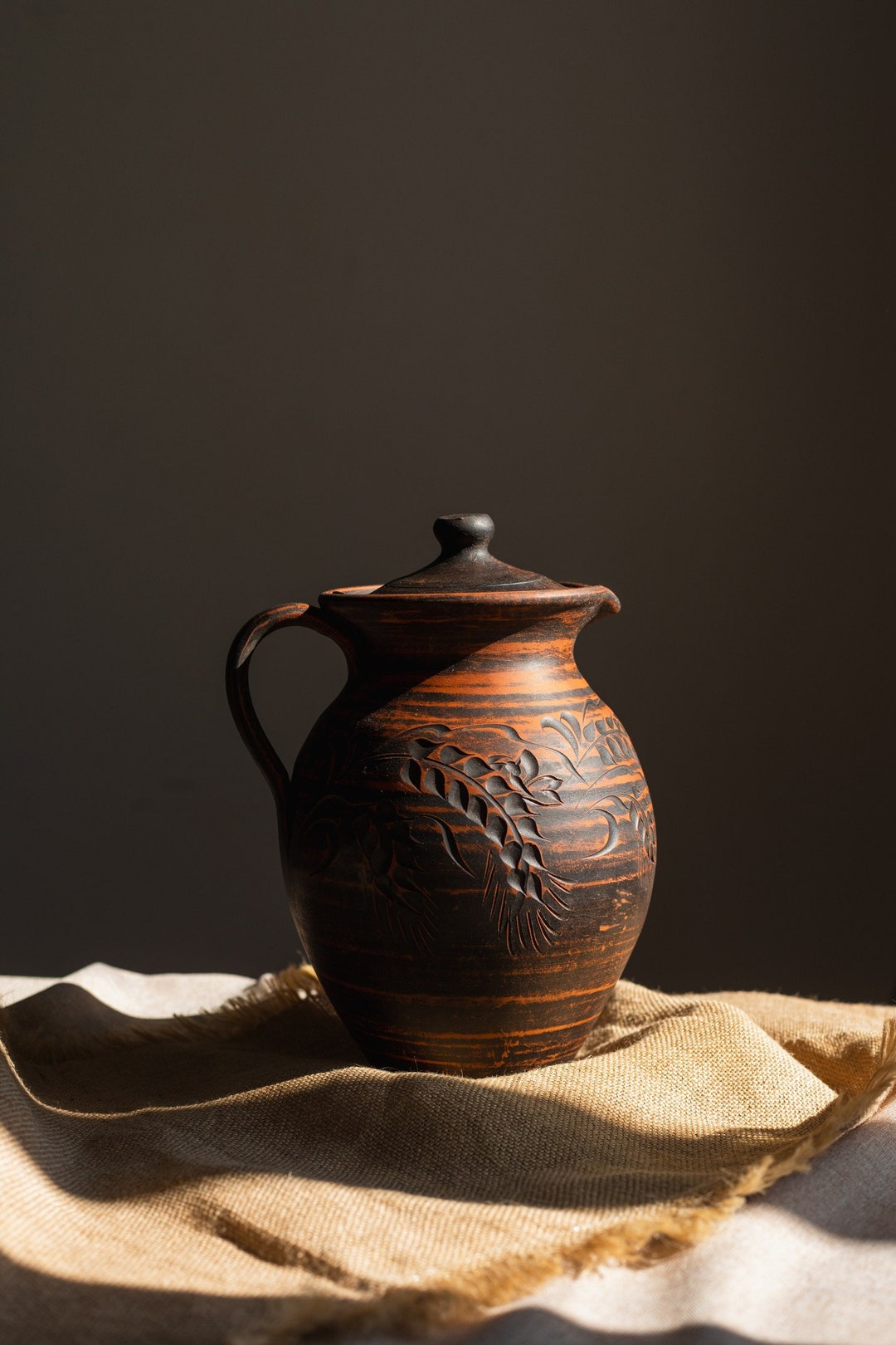 Pitcher of Red Clay, Pitcher Wine, Stoneware Engraved, Pitcher ...