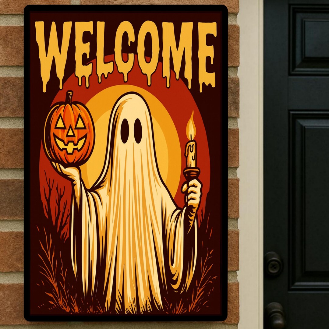 Spooky Halloween Welcome Sign: Ghost, Pumpkin & Haunted House Wall Art ...