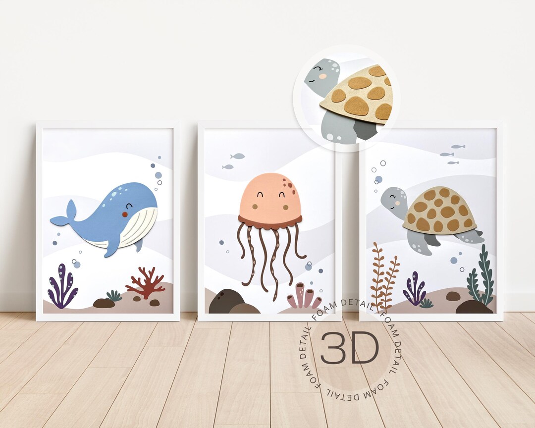 3D Kids Wall Art Set With Ocean Theme! Whale, Jellyfish, and Turtle ...