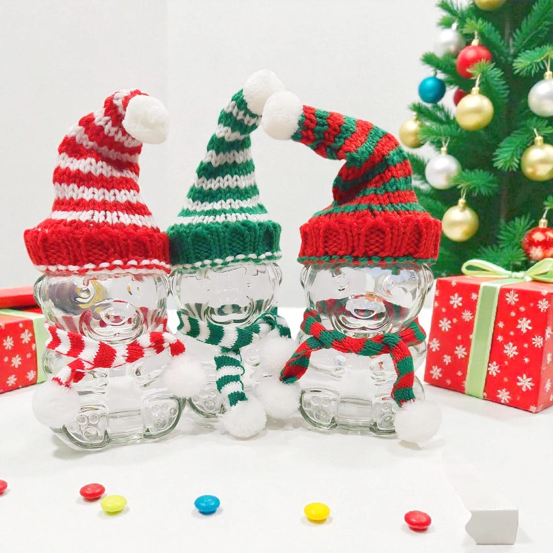 Glass Honey Bear Jars With Knit Hats and Scarves Lids - 9 Fl Oz ...