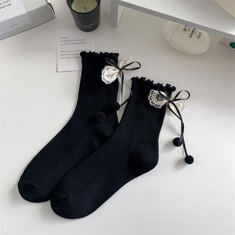 Elegant Lace Bow Socks With Pom-poms – Women’s Fashion Socks for Chic ...