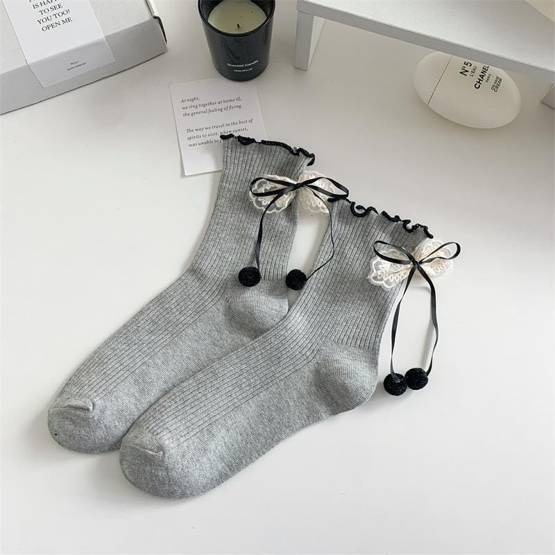 Elegant Lace Bow Socks With Pom-poms – Women’s Fashion Socks for Chic ...