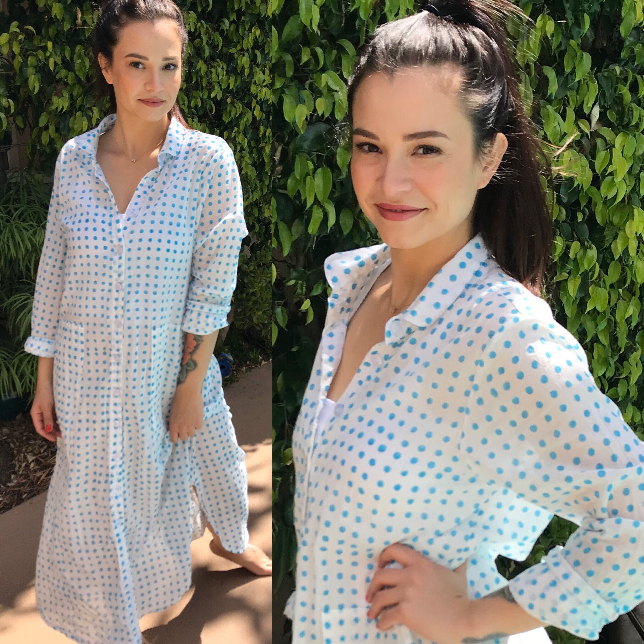 Turquoise block print polkadots cotton voile button down shirtdress/duster