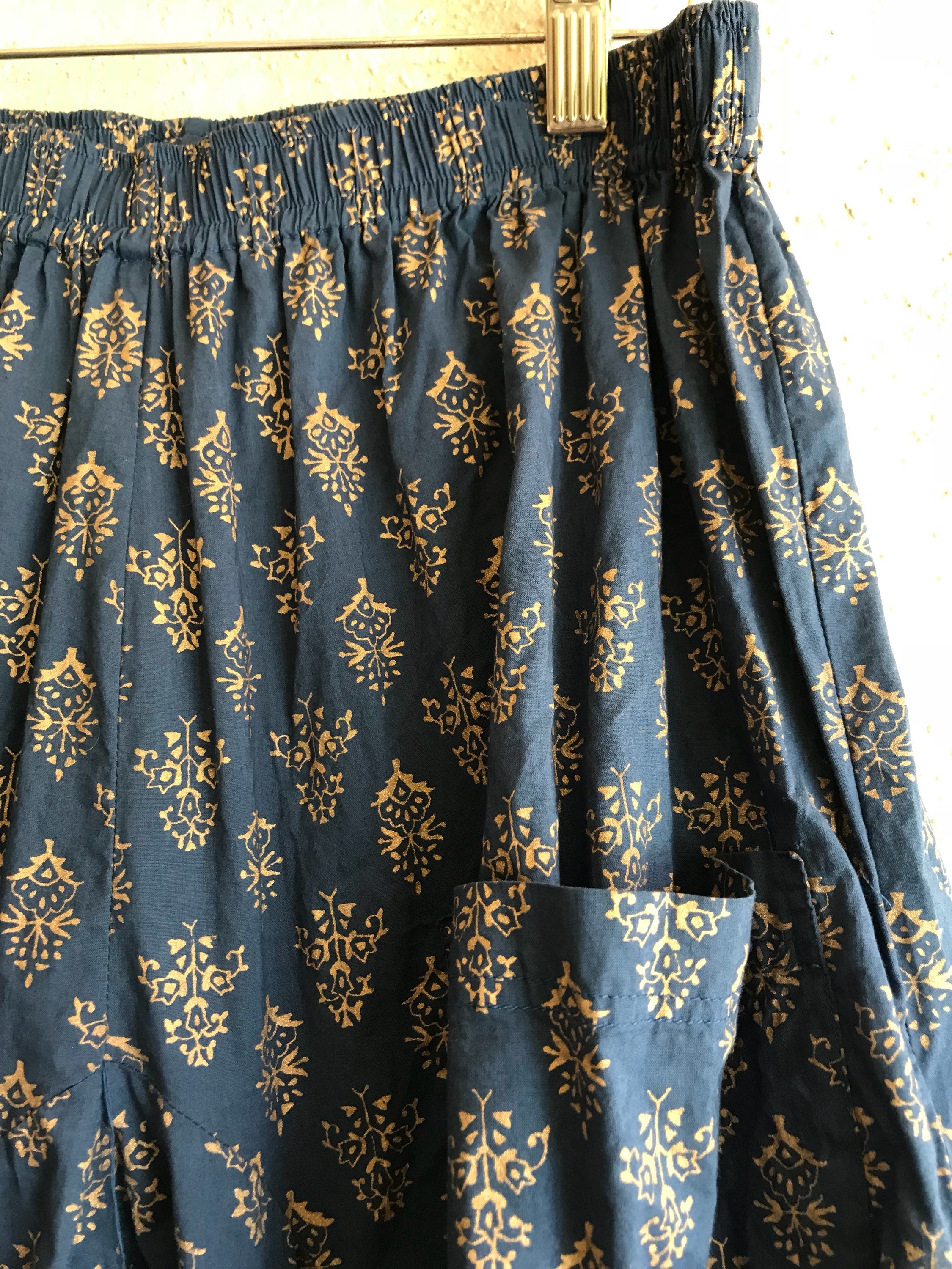 Navy cotton block print one size lagenlook pant