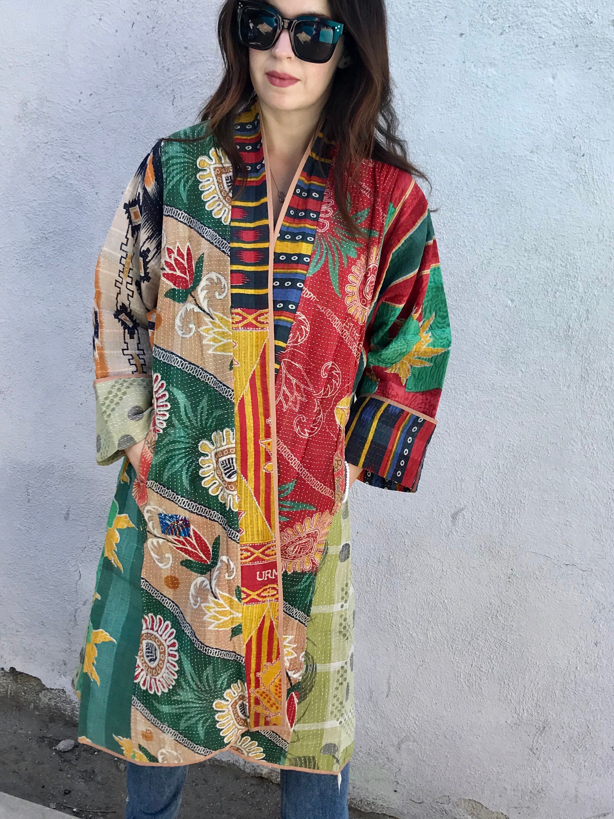 Long designer reversible cotton kantha coat