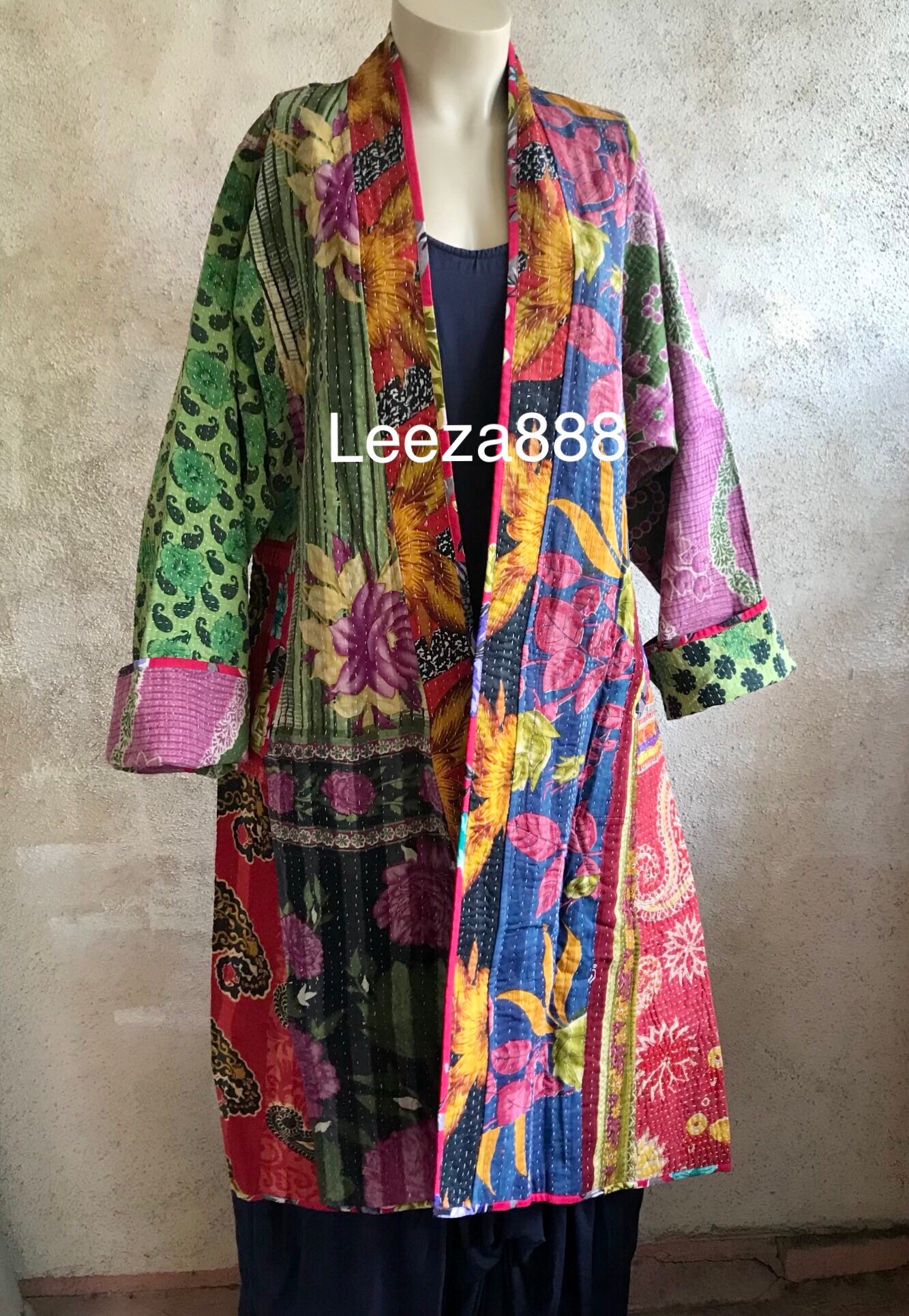 Artist coat of many colors reversible cotton kantha