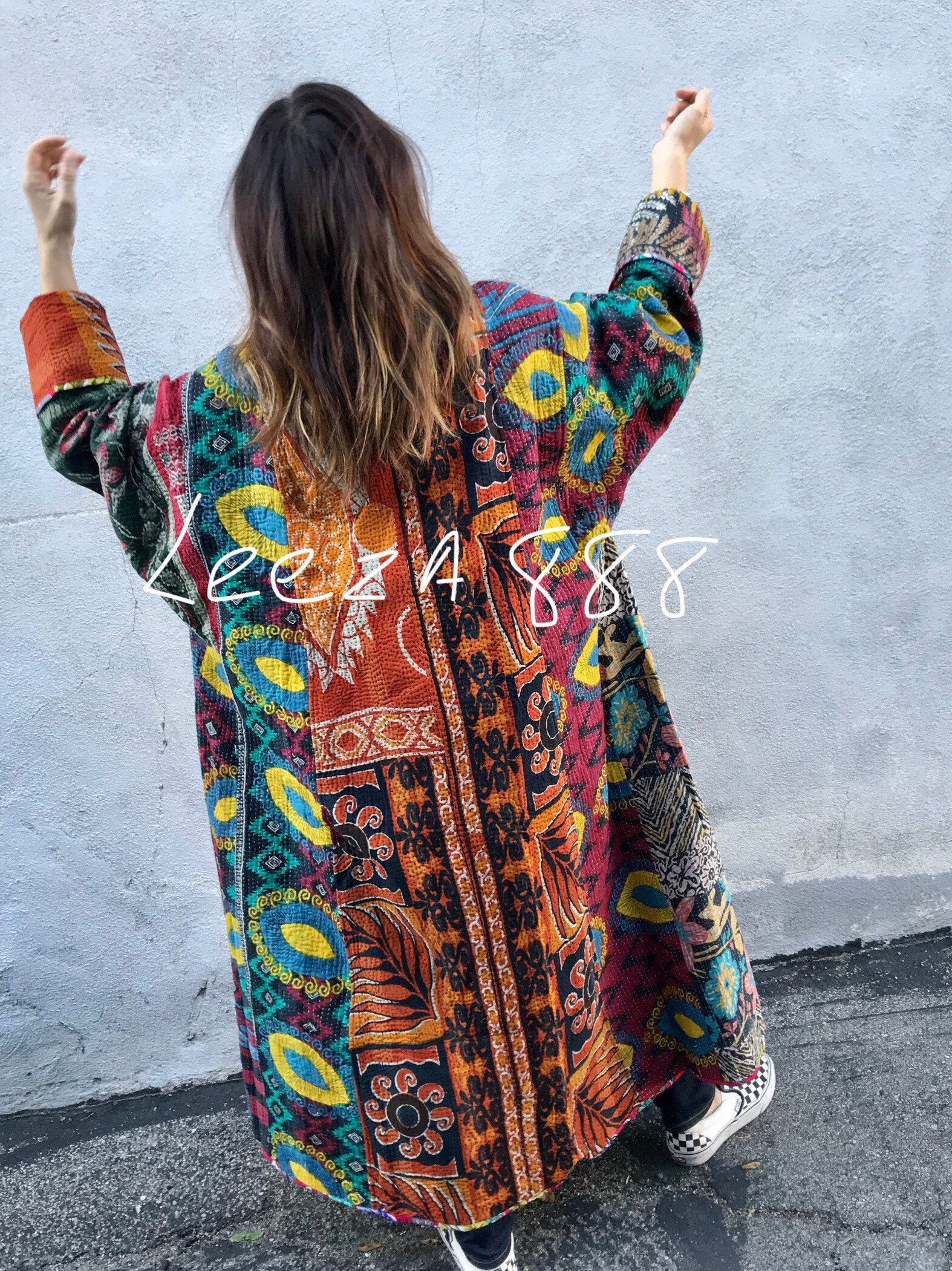 Plus size opera length reversible artist kantha coat