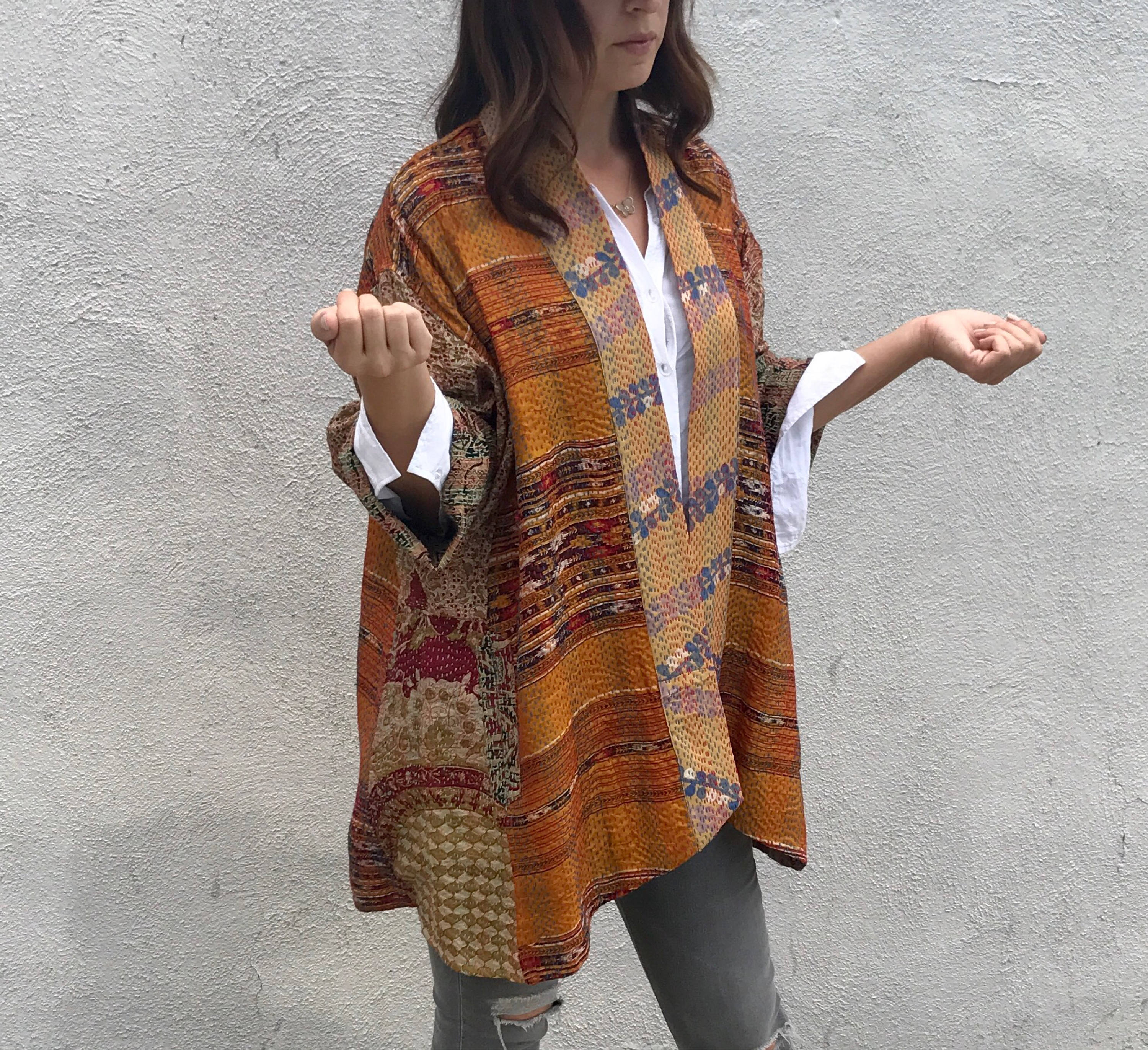 Plus size silk kantha reversible kimono/jacket