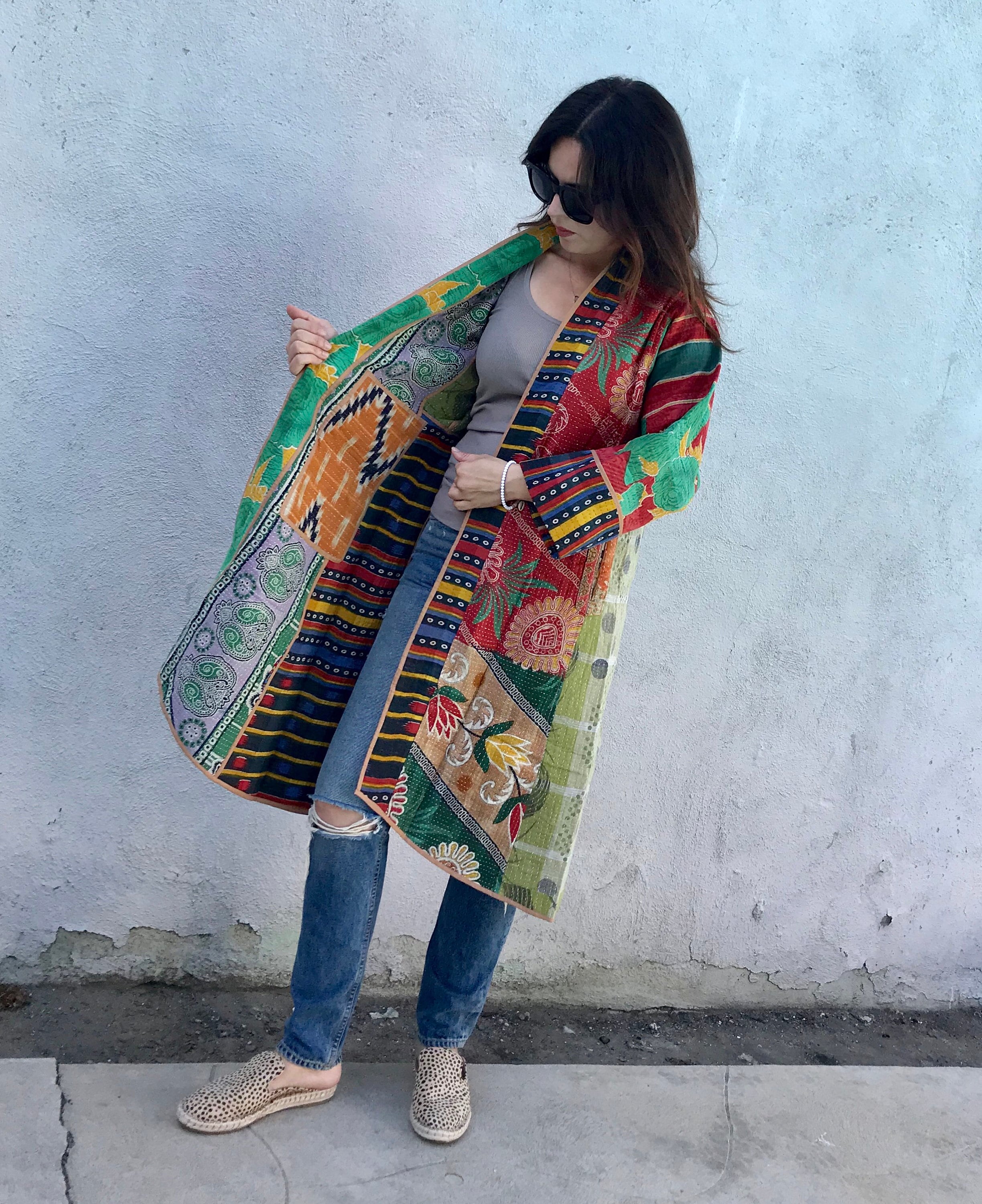 Long designer reversible cotton kantha coat