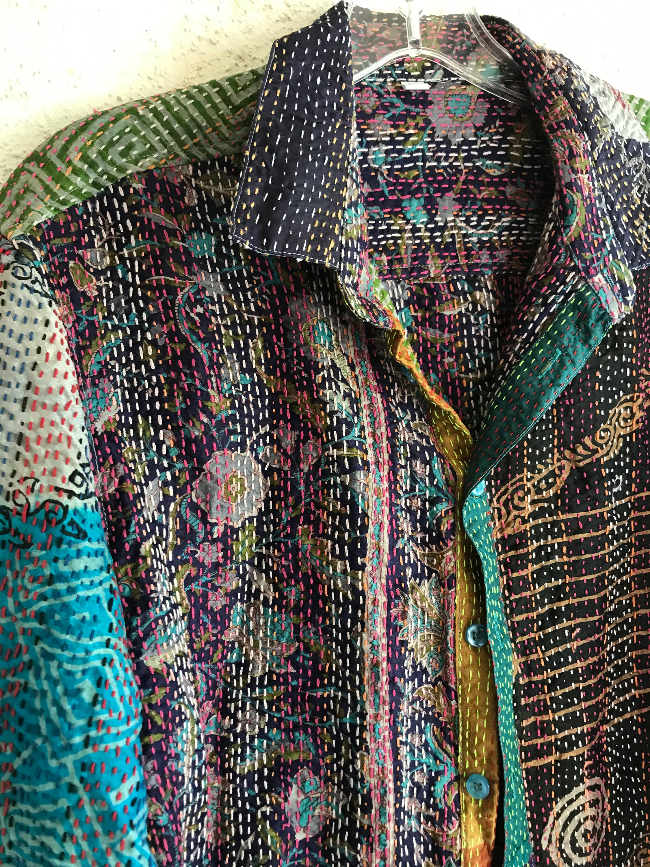 ARTISTS button down one of a kind reversible silk upcycled kantha shirt