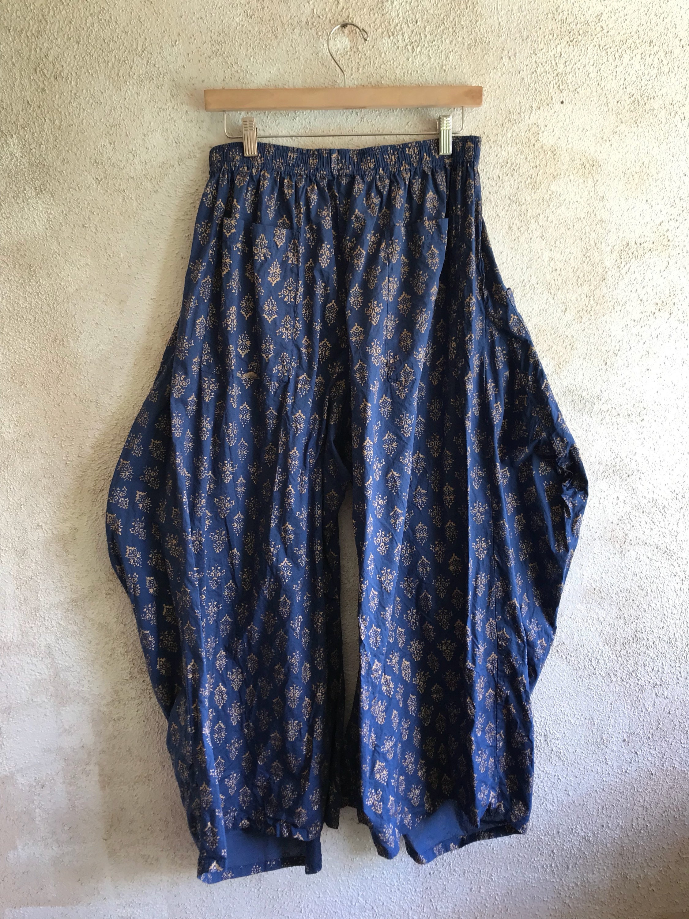 Navy cotton block print one size lagenlook pant