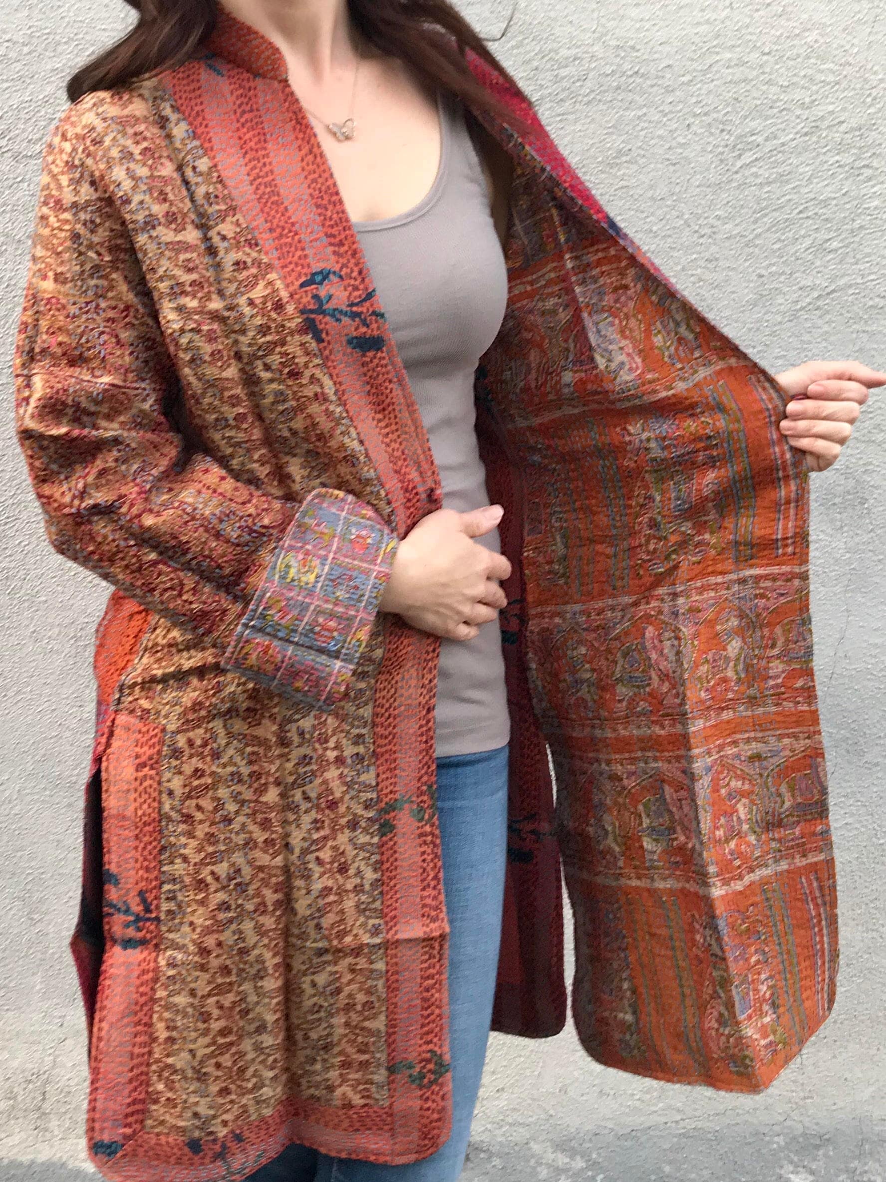 Persimmon reversible silk kantha kimono/duster
