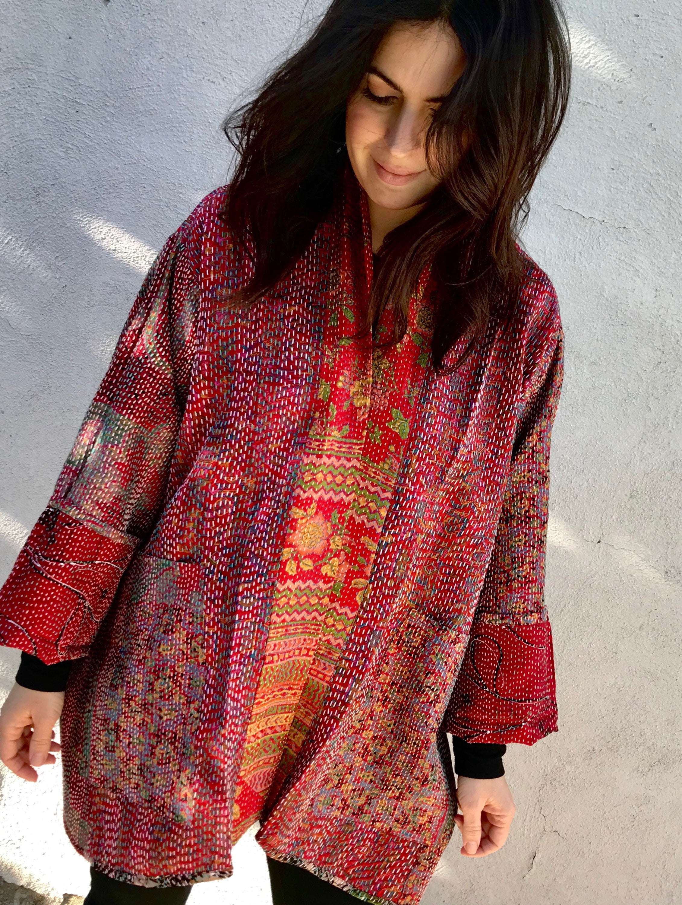 Exquisite red designer silk reversible jacket in plus size